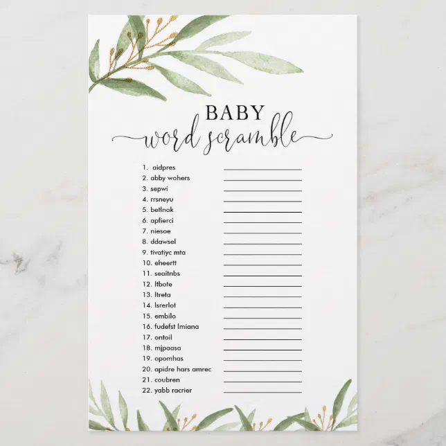 Baby word scramble baby shower game gold greenery | Zazzle