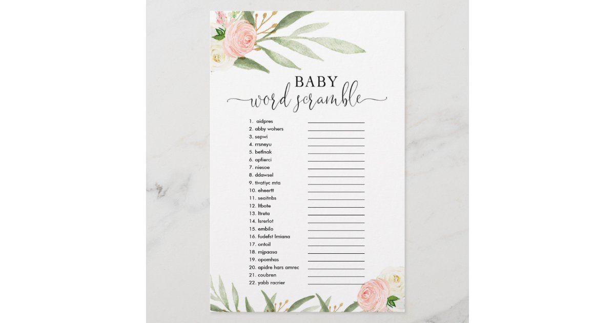 Baby word scramble baby shower game pink greenery | Zazzle