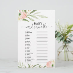 Baby word scramble baby shower game pink greenery | Zazzle