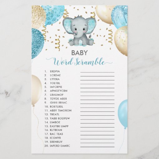 Baby Word Scramble Elephant Shower Game | Zazzle