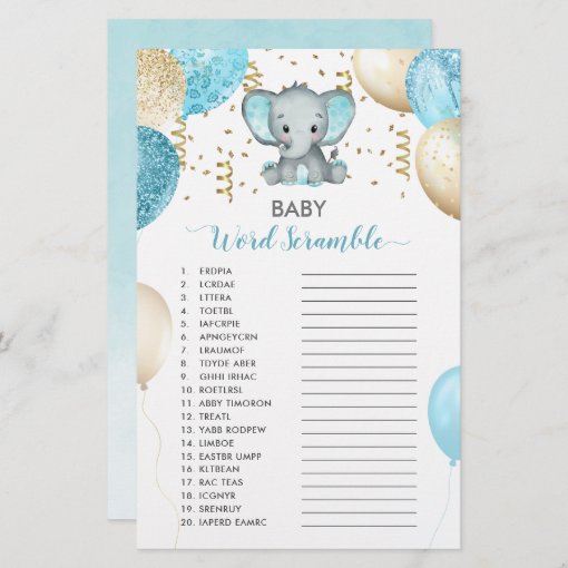 Baby Word Scramble Elephant Shower Game | Zazzle