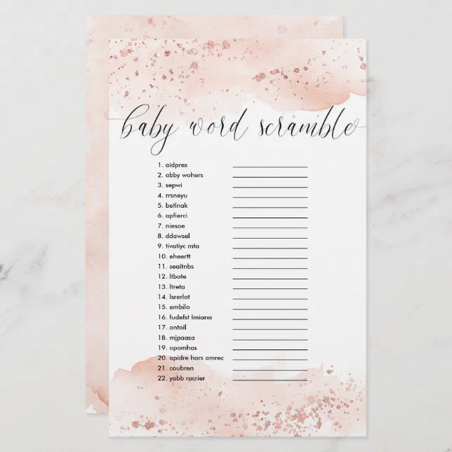 Baby word scramble game watercolor rose gold | Zazzle