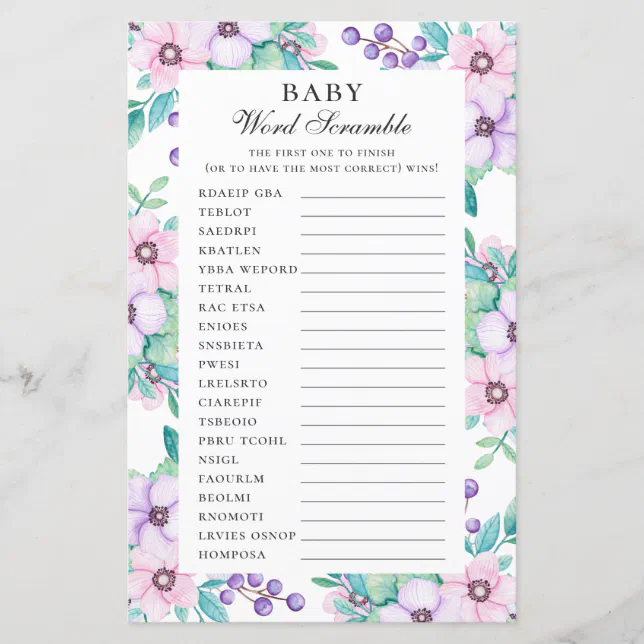 Baby word scramble. Purple floral baby shower game | Zazzle