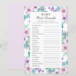 Baby word scramble. Purple floral baby shower game | Zazzle