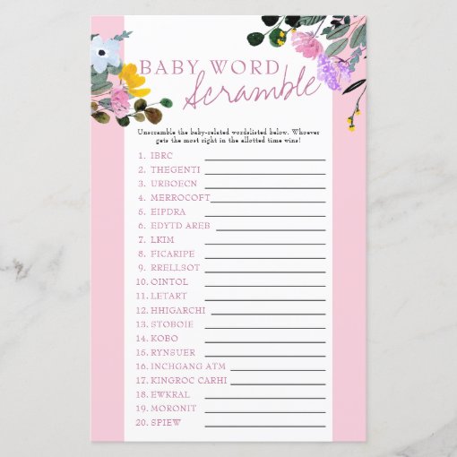 Baby Word Scramble Wildflower Baby Shower Game | Zazzle