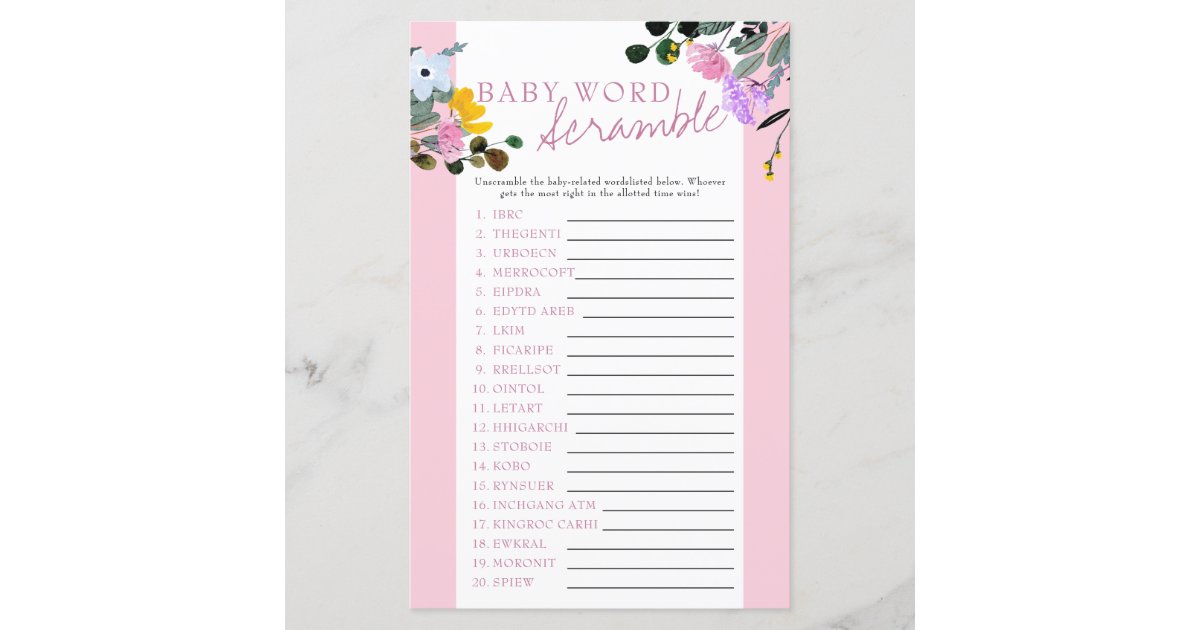 Baby Word Scramble Wildflower Baby Shower Game | Zazzle
