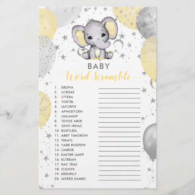 Baby Word Scramble Yellow Elephant Shower Game | Zazzle
