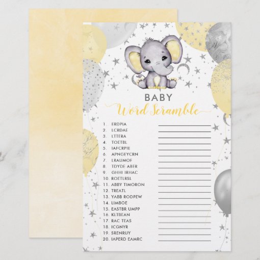Baby Word Scramble Yellow Elephant Shower Game | Zazzle