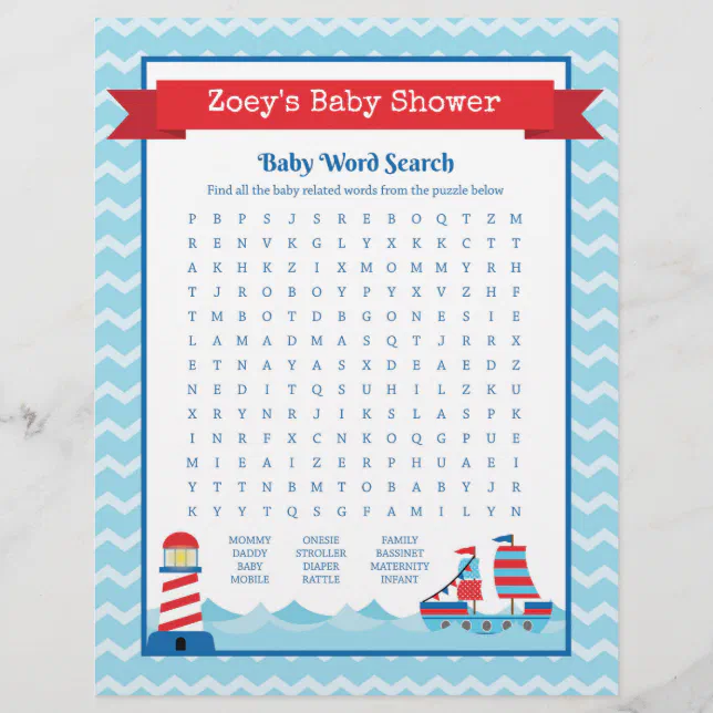 Baby Word Search Nautical Theme Baby Shower | Zazzle