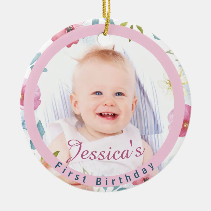 Baby's 1st Birthday Photo Floral Keepsake Ceramic Ornament | Zazzle