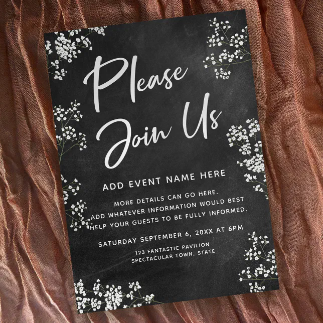 Baby's Breath Chalkboard Please Join Us Event Invitation | Zazzle