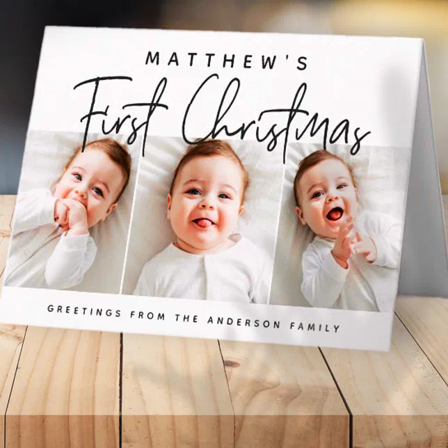 Baby's First Christmas Modern Simple Three Photo Holiday Card | Zazzle
