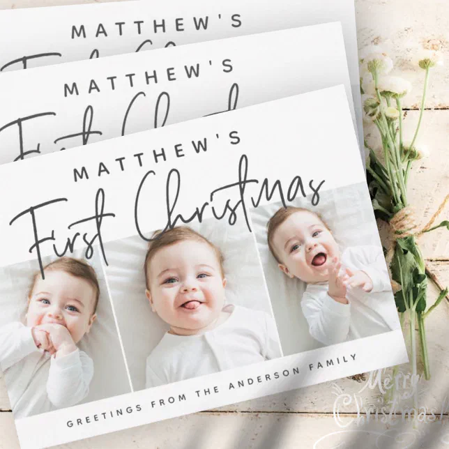 Baby's First Christmas Modern Simple Three Photo Holiday Card | Zazzle