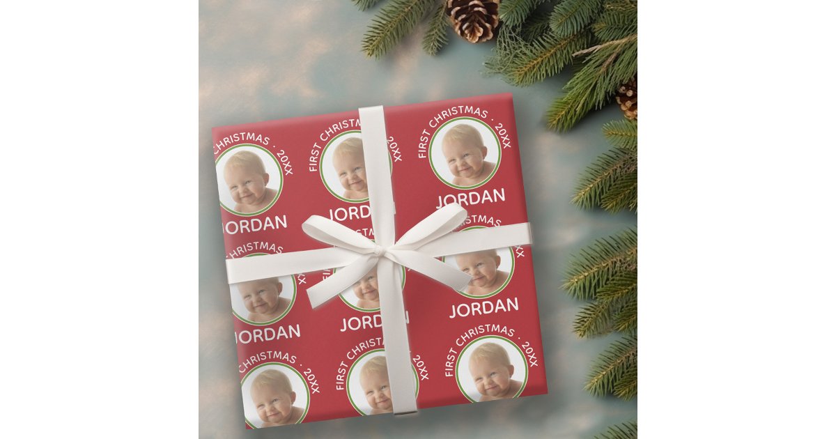 Baby's First Christmas Photo Custom Name and Year Wrapping Paper | Zazzle