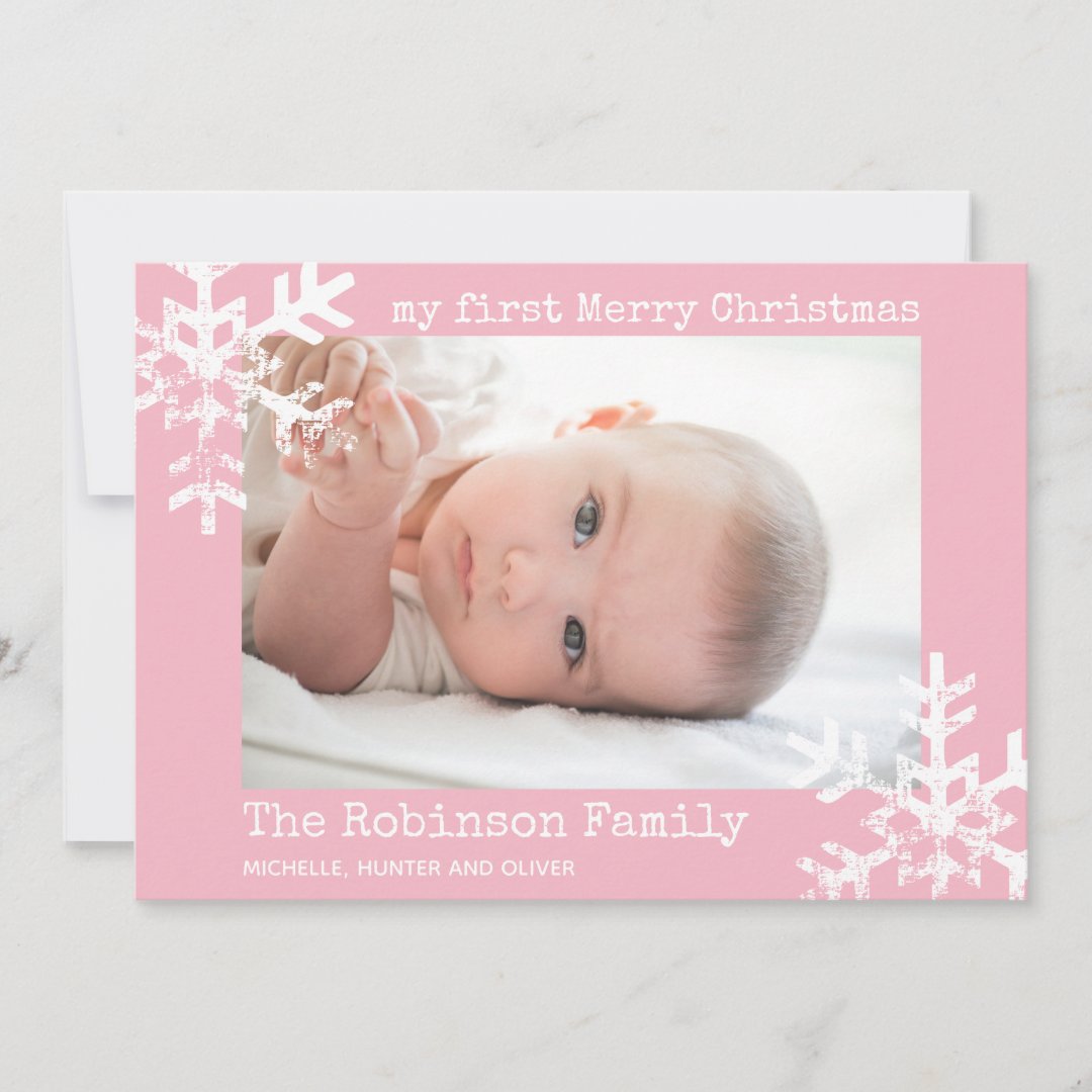 Baby's First Christmas Pink Photo with Snowflakes Holiday Card | Zazzle