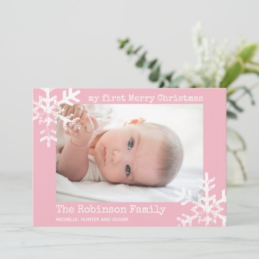Baby's First Christmas Pink Photo with Snowflakes Holiday Card | Zazzle
