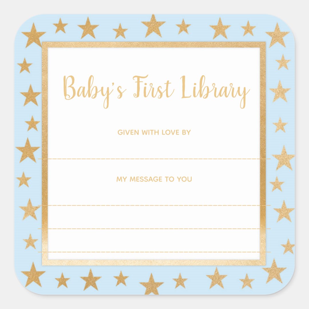 Baby's First Library bookplate, blue gold stars Square Sticker | Zazzle
