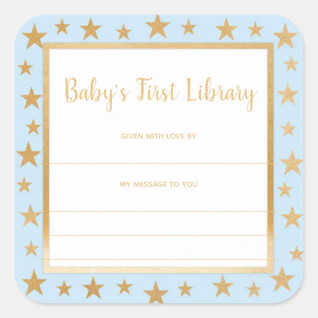 Baby's First Library bookplate, blue gold stars Square Sticker | Zazzle