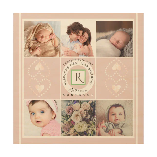"Baby's first year Birthday" 6 custom photos Wood Wall Art | Zazzle