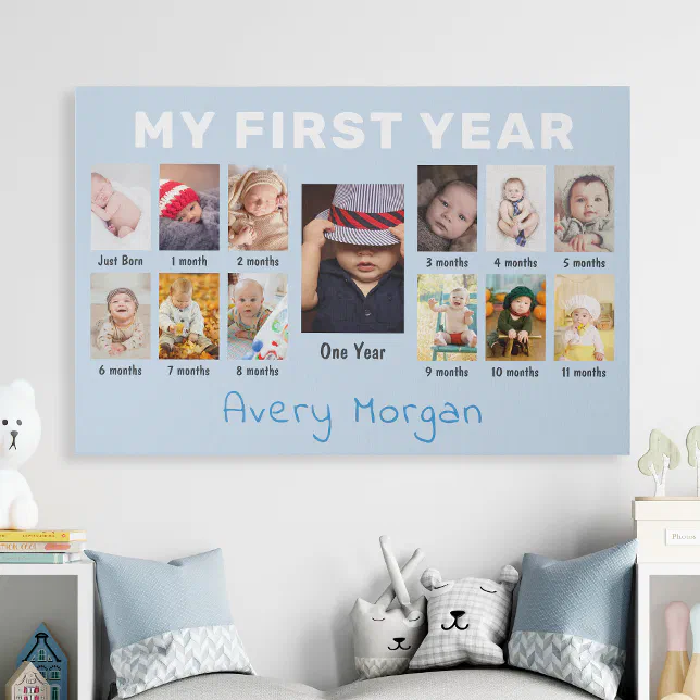 Baby's First Year Custom 12 Months Photo Collage Faux Canvas Print | Zazzle