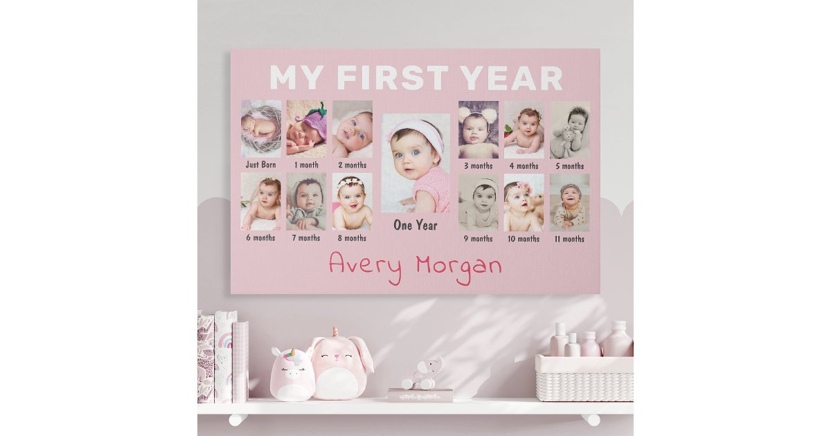 Baby's First Year Custom 12 Months Photo Collage Faux Canvas Print | Zazzle