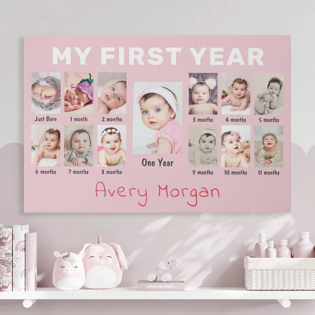 Baby's First Year Custom 12 Months Photo Collage Faux Canvas Print | Zazzle