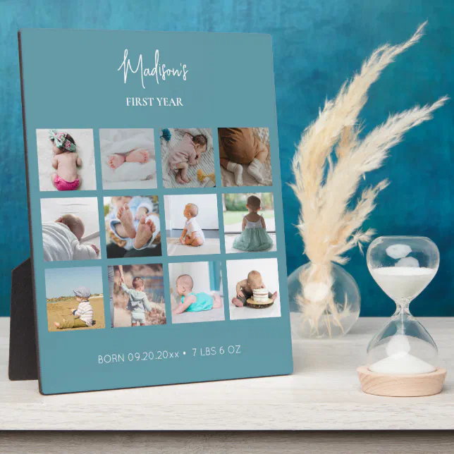 Baby's First Year Photo Collage Birth Stats Blue Plaque | Zazzle