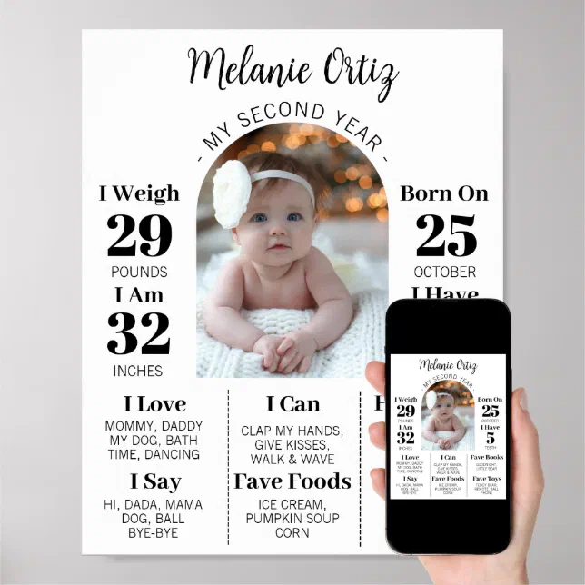 Baby's Second Year Milestone 2nd Birthday Photo Poster | Zazzle