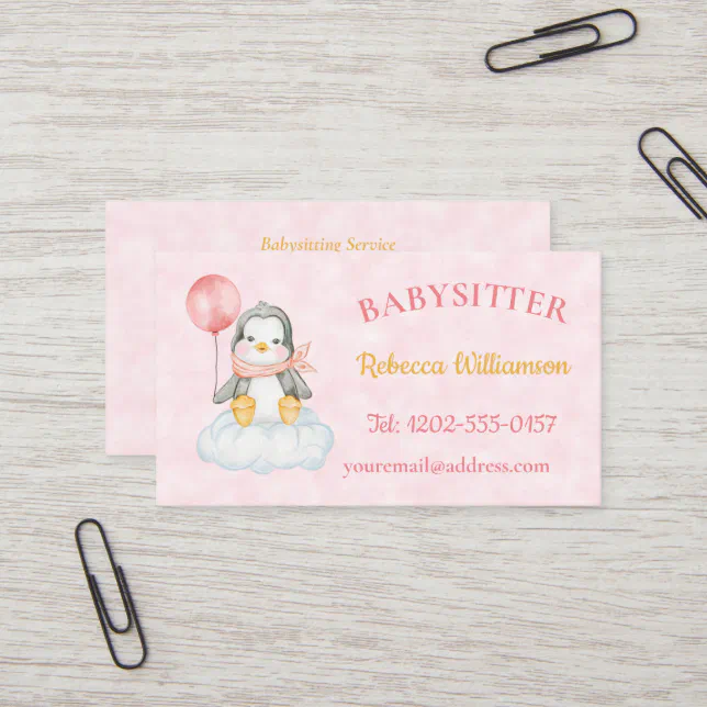 Babysitter QR Code Cute Penguin Pink Business Card | Zazzle