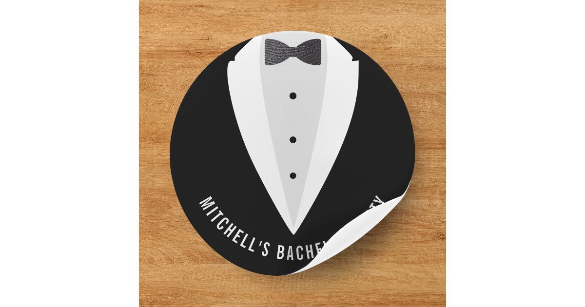 Bachelor Party Black Suit & Bowtie Classic Round Sticker | Zazzle