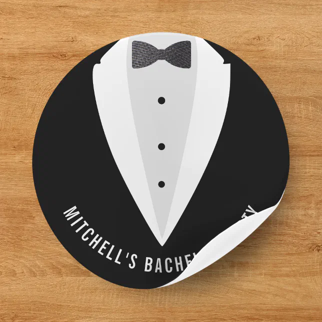 Bachelor Party Black Suit & Bowtie Classic Round Sticker | Zazzle