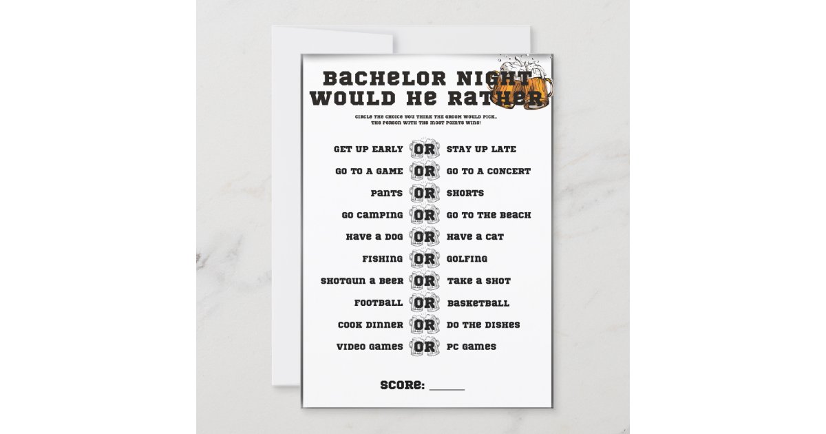 Bachelor Party Game, Would He Rather Invitation | Zazzle