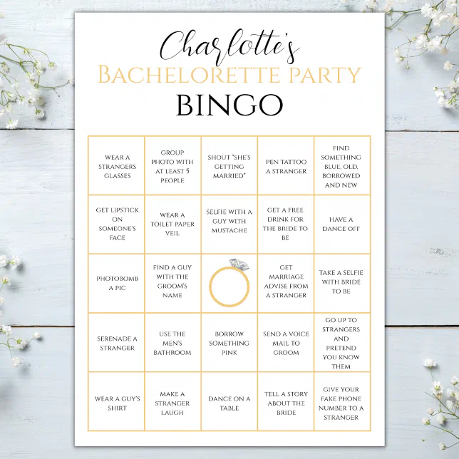 Bachelorette Bingo Gold Hen Party Game Challenge Card | Zazzle