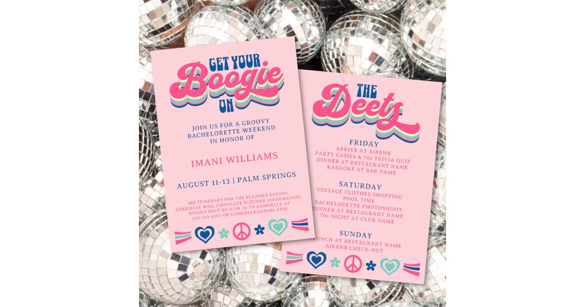 Bachelorette Groovy Retro 70s Weekend Itinerary Invitation | Zazzle