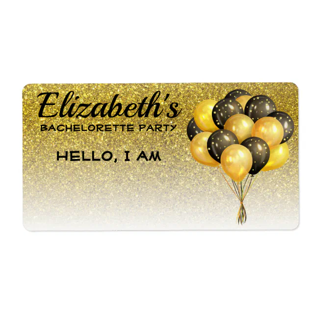 Bachelorette Party Balloons Gold Glitter Name Tags | Zazzle