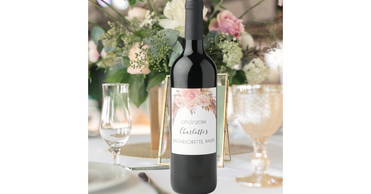 Bachelorette party blush rose floral pampas grass wine label | Zazzle
