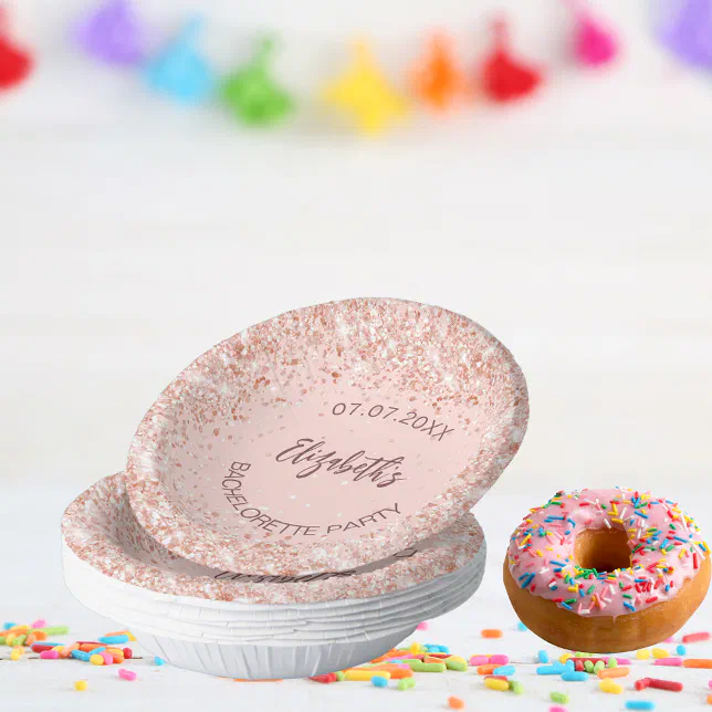 Bachelorette party rose gold confetti name paper bowls | Zazzle