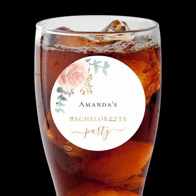 Bachelorette party rose gold floral eucalyptus classic round sticker ...