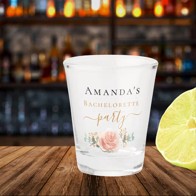 Bachelorette rose gold floral eucalyptus greenery shot glass | Zazzle