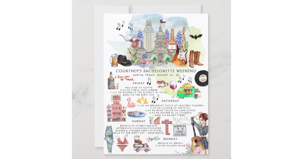 Bachelorette Weekend Itinerary | Austin, Texas Invitation | Zazzle