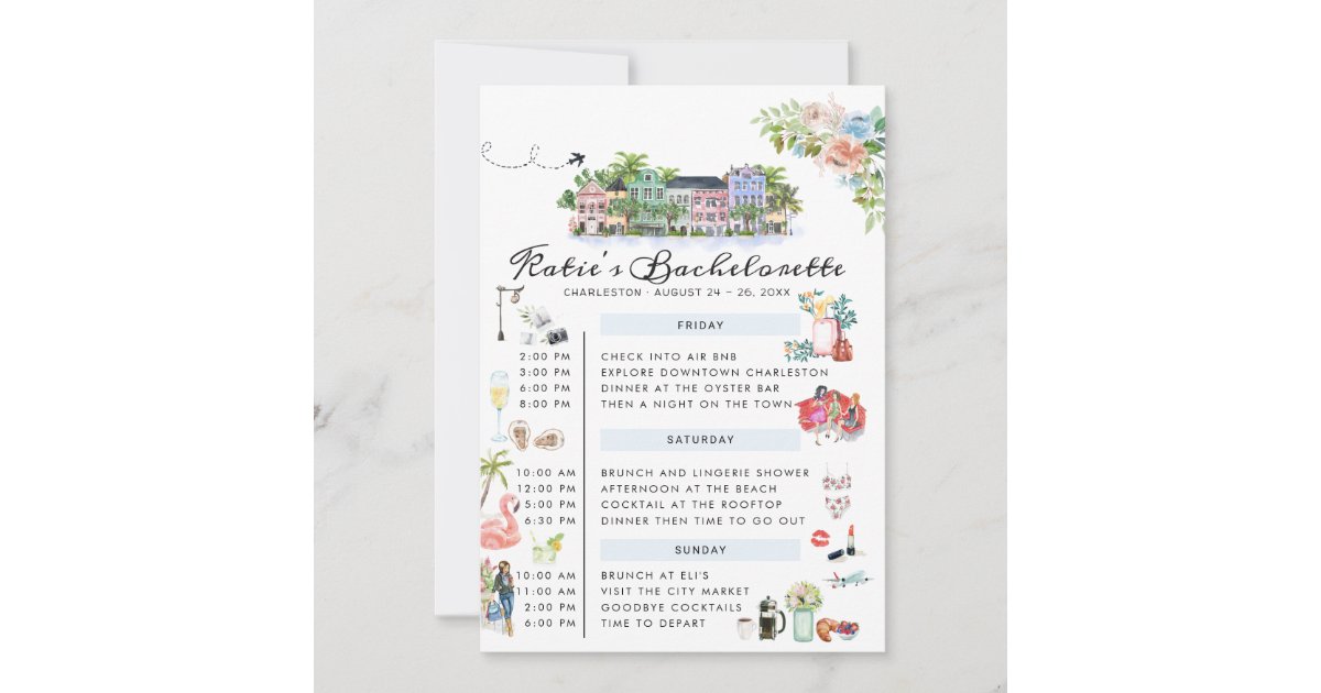 Bachelorette Weekend Itinerary | Charleston, SC Invitation | Zazzle