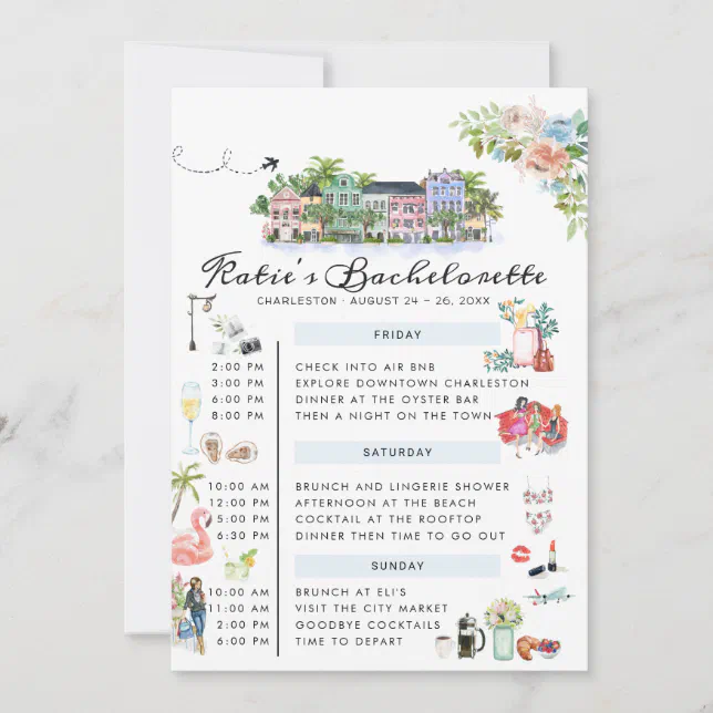 Bachelorette Weekend Itinerary | Charleston, SC Invitation | Zazzle