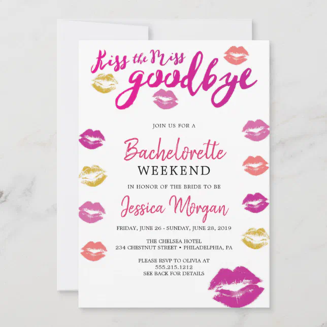 Bachelorette Weekend Itinerary Kiss The Miss Invitation | Zazzle