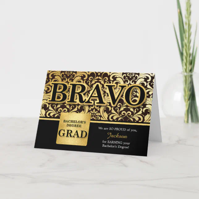Bachelors Degree Graduate Faux Gold and Black Card | Zazzle
