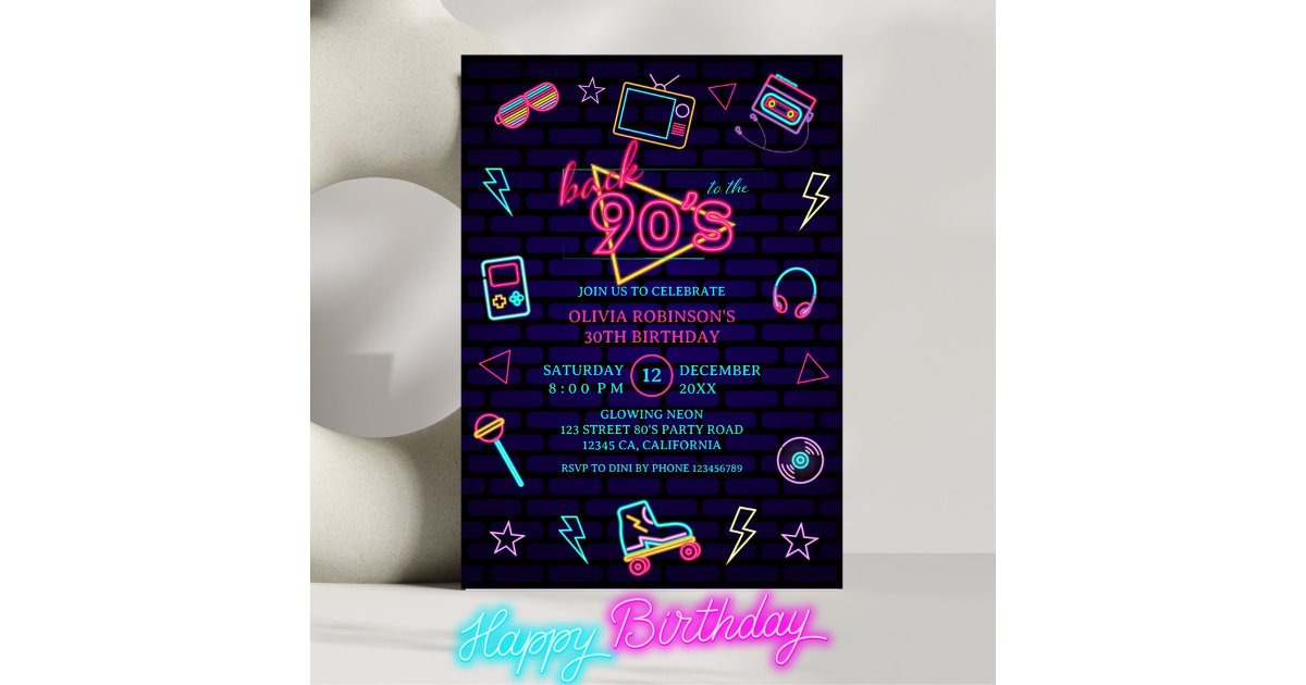 Back to 90s Retro Neon Birthday Party Invitation | Zazzle