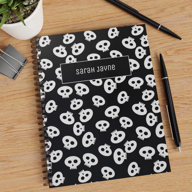 Back to School Black and White Skull Pattern Goth Notebook | Zazzle