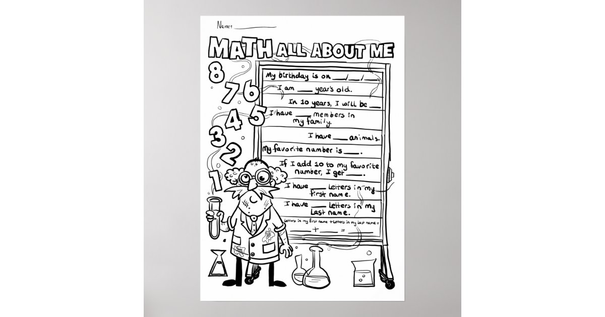 Back To School! Color Your Own All About Me MATH Poster | Zazzle