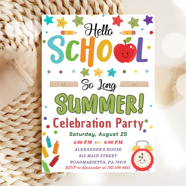 Back To School Hello School So Long Summer Party Invitation | Zazzle