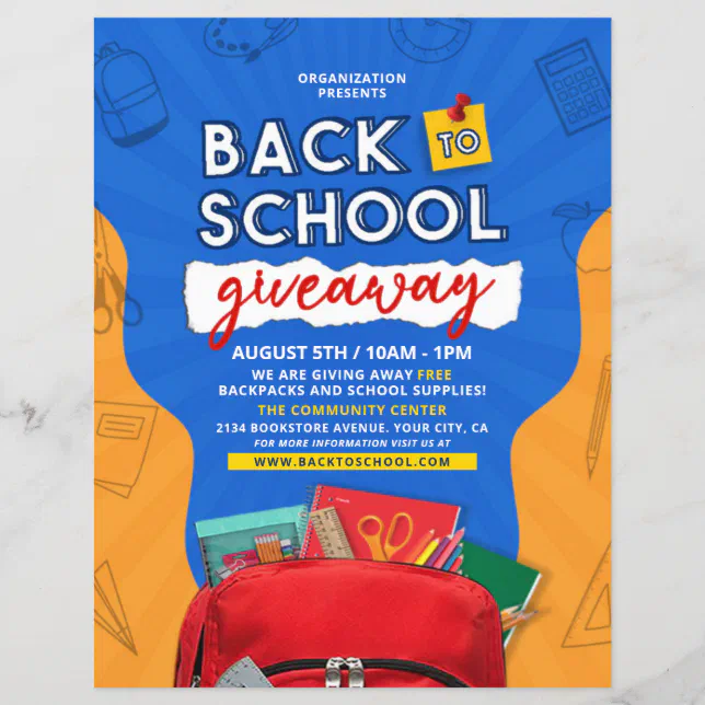 Back To School Supply & Backpack Giveaway Flyer | Zazzle