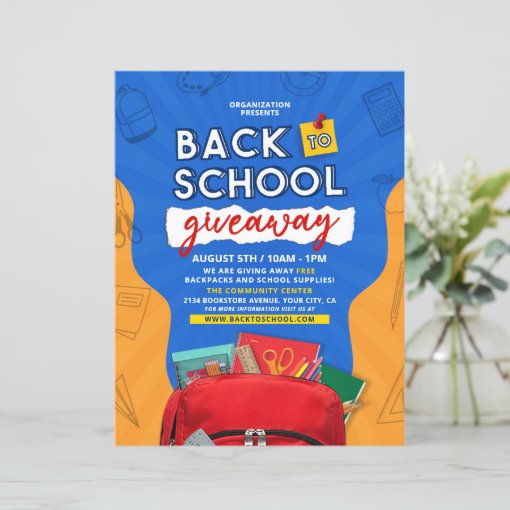 Back To School Supply & Backpack Giveaway Flyer | Zazzle